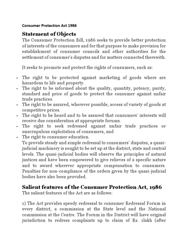 Salient Features of Consumer Protection Act 1986 | PDF | Consumer ...