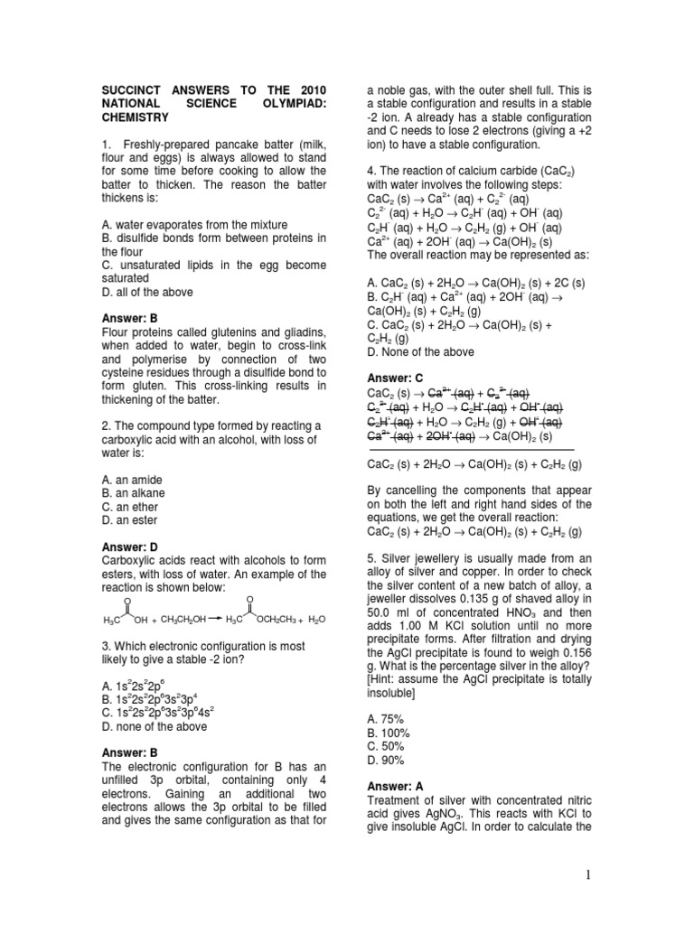 Succinct Answers To The 2010 National Science Olympiad: Chemistry | PDF | Chemical Equilibrium ...