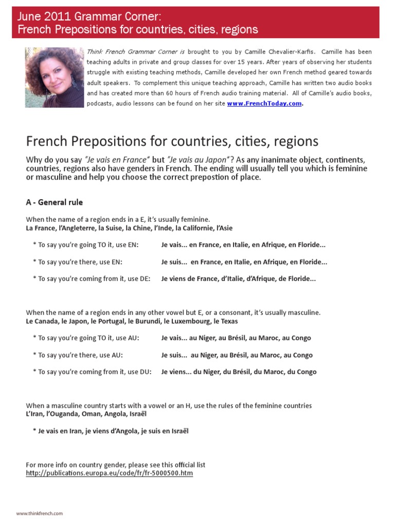 French Prepositions For Countries, Cities, Regions: A - General Rule ...