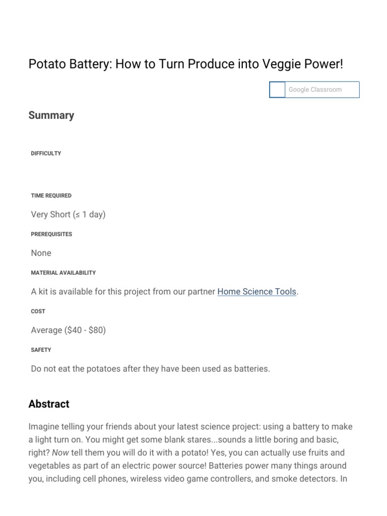 Potato Battery - How To Turn Produce Into Veggie Power! - Science ...