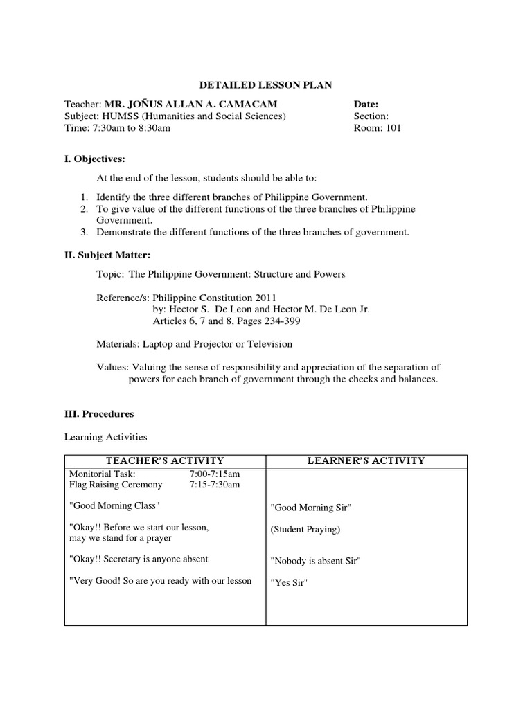 Detailed Lesson Plan | PDF | President Of The Philippines | World Politics