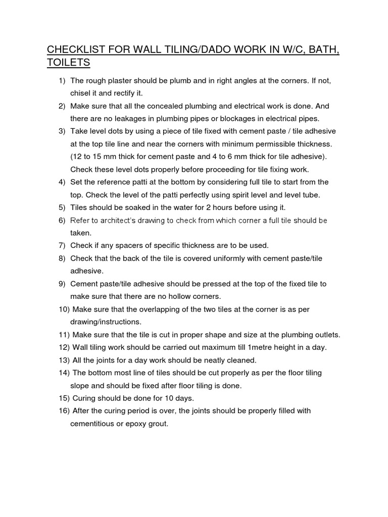 Checklist For Wall Tiling or Dado Work | PDF