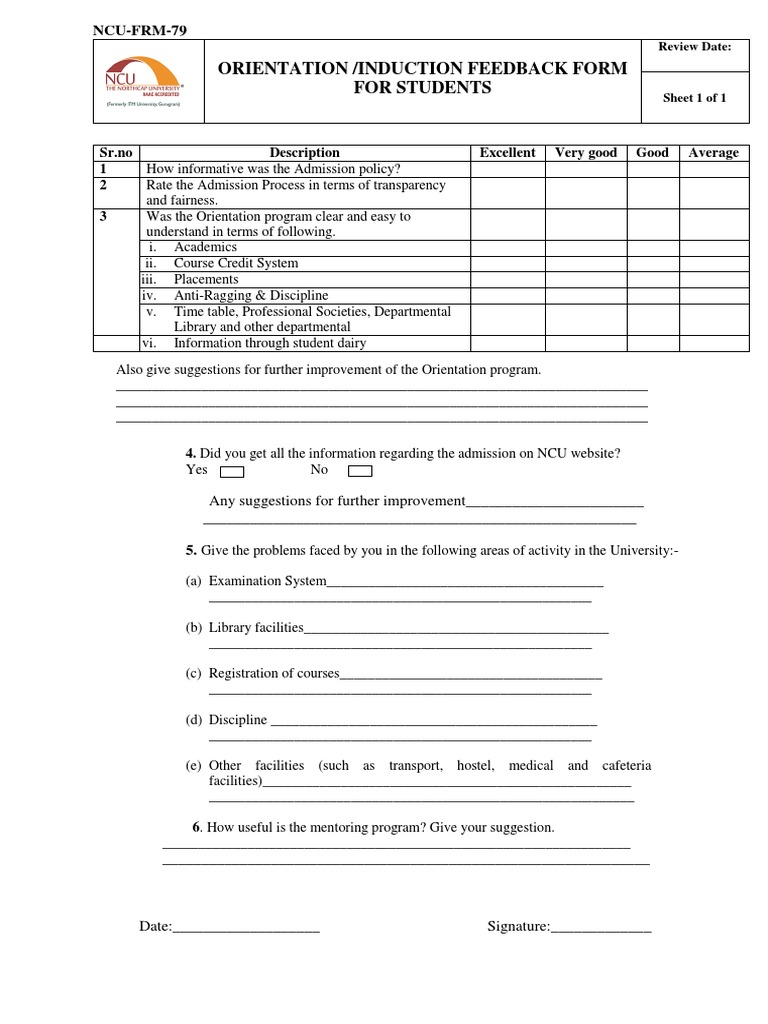 79 Orientation Induction Feedack Form For First Year Students | PDF ...
