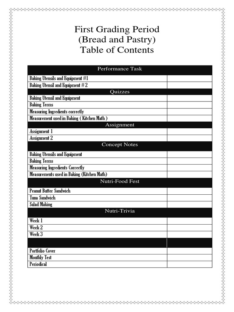 First Grading Period Table of Content | PDF | Cooking, Food & Wine