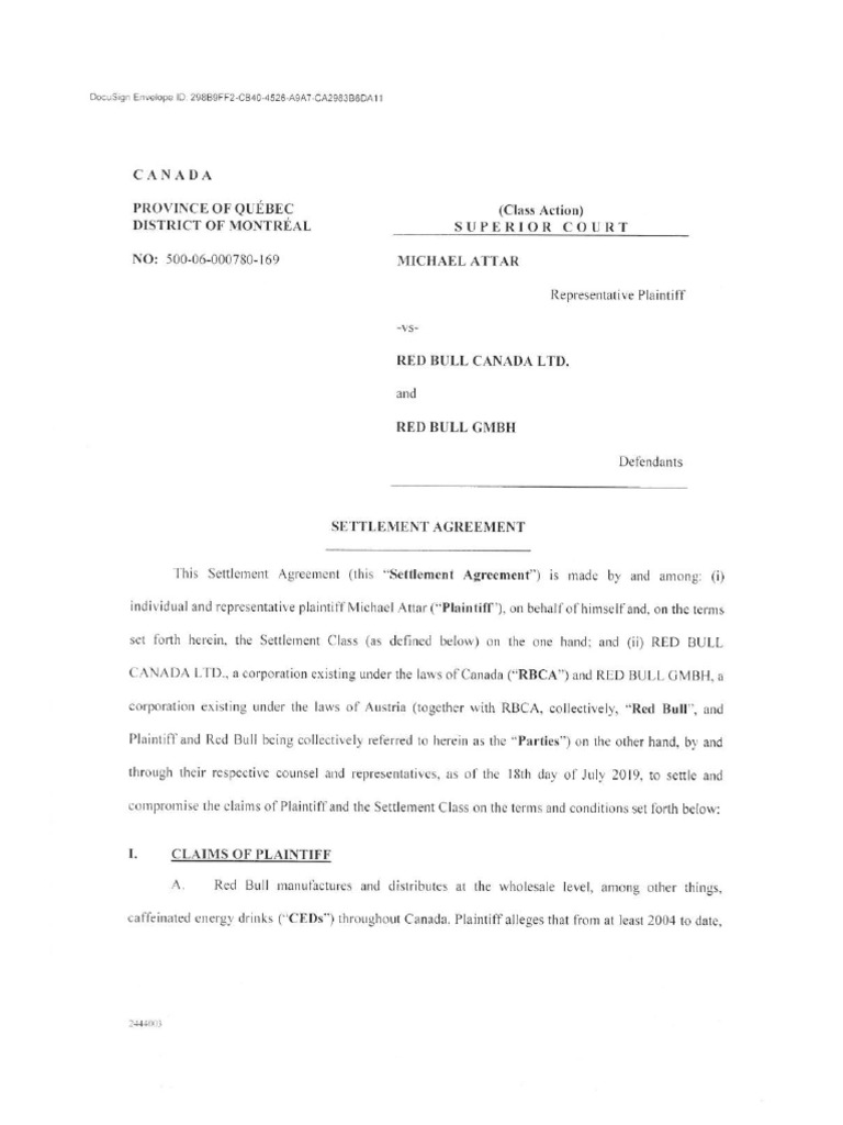 Settlement Agreement Michael Attar v. Redbull | PDF | Settlement ...