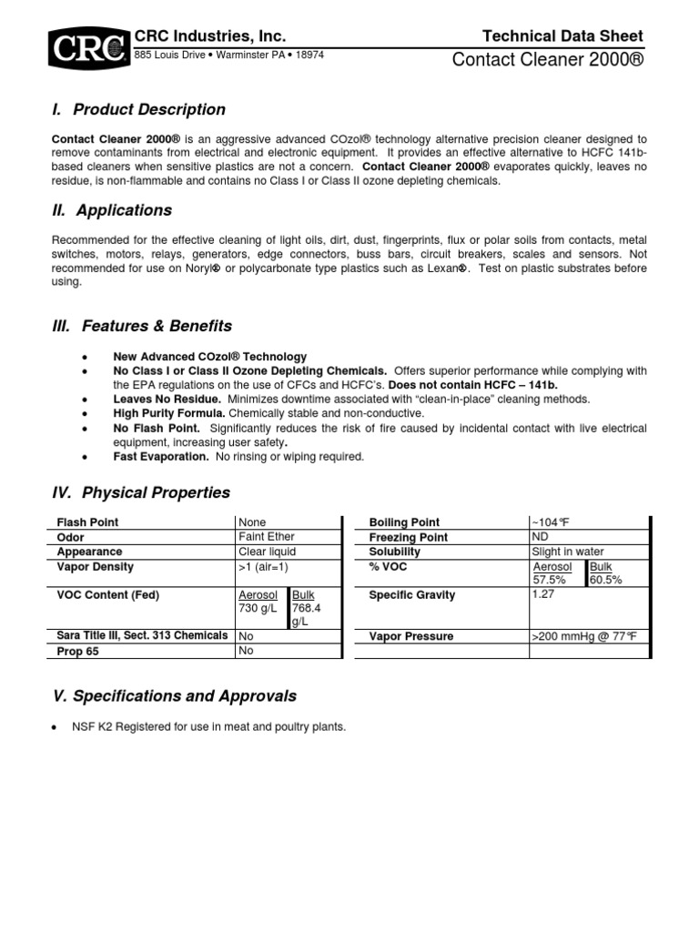 TDS Contact Cleaner Precision 2000 | PDF | Chlorofluorocarbon | Chemistry