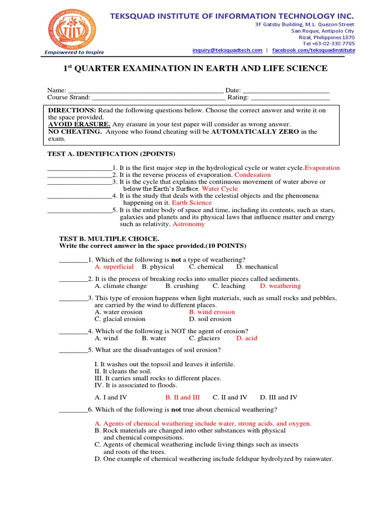 Quarter 1 Exam - Earth and Life Science | PDF | Weathering | Planets