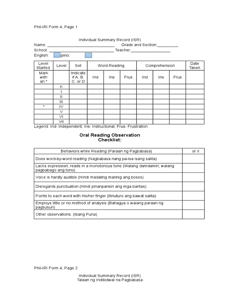 Individual Assessment Forms1 | PDF | Reading Comprehension | Linguistics