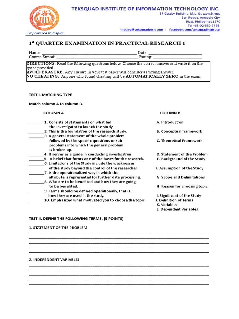 Quarter 1 Exam - Practical Research | PDF | Test (Assessment ...