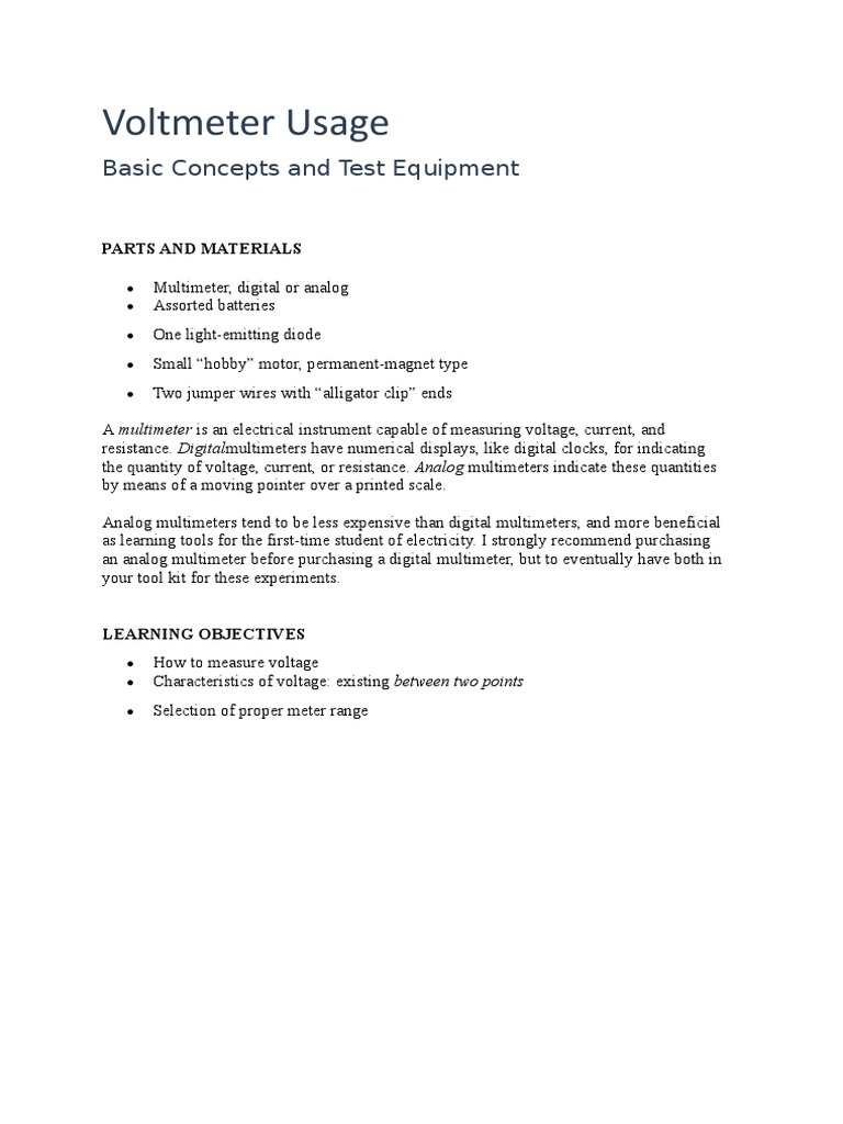 Voltmeter Usage: Basic Concepts and Test Equipment | PDF | Voltage ...