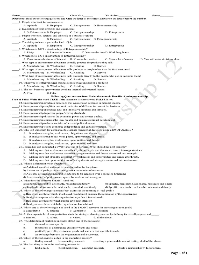 Entrep Quiz | PDF | Entrepreneurship | Goal