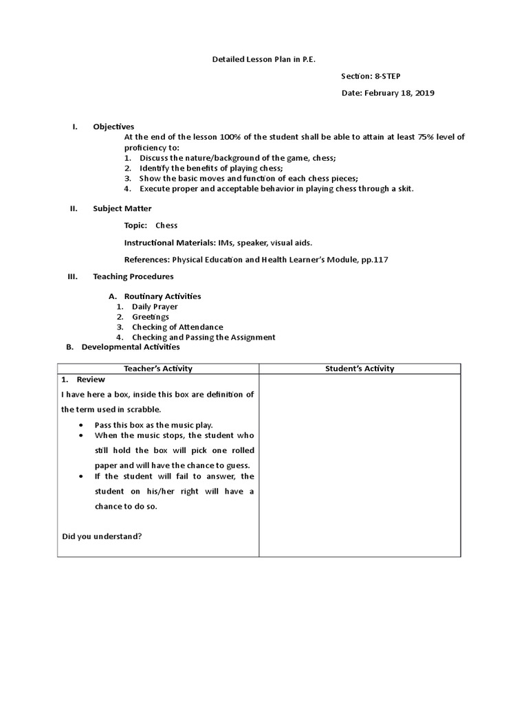 Detailed Lesson Plan P.E. 8 Chess | PDF | Chess | Communication