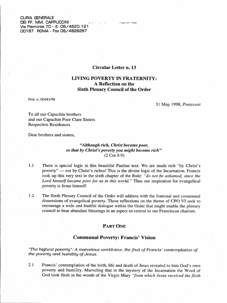 Circular Letter N. 13: Living Poverty in Fra Ternity | PDF | Working ...