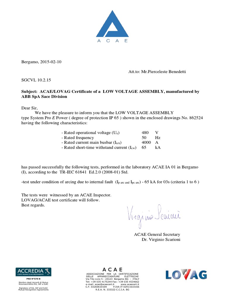 Arc Fault Test Confirmation Letter SGCVL 10.2.15 | Download Free PDF ...