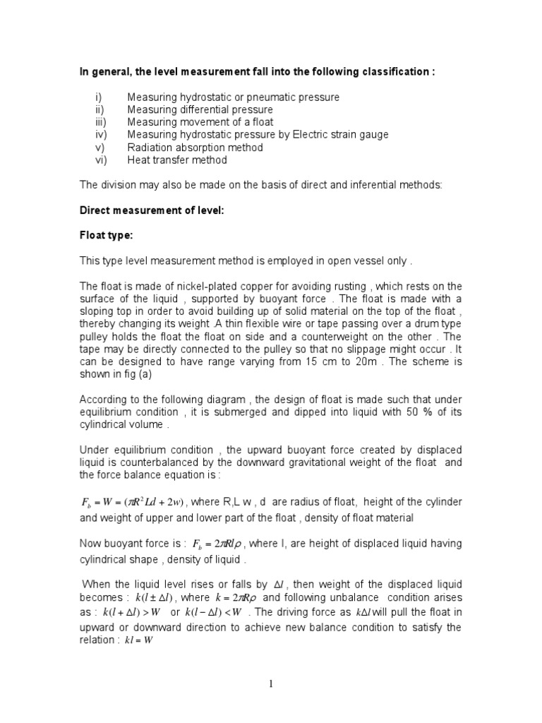 Level Measurement | PDF | Buoyancy | Pressure Measurement