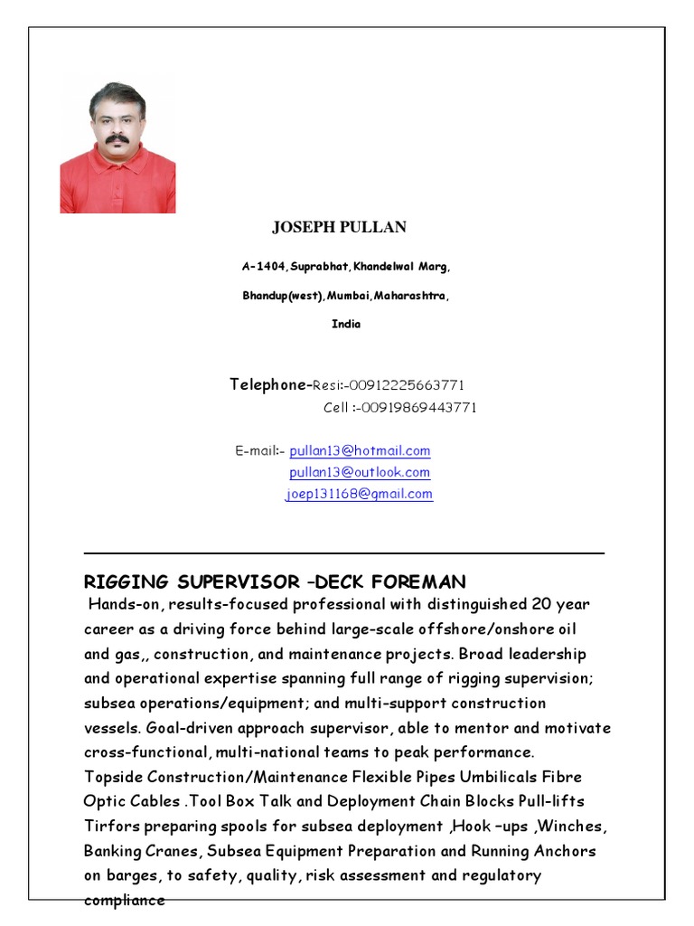 Joseph Pullan: Rigging Supervisor - Deck Foreman | PDF | Subsea ...