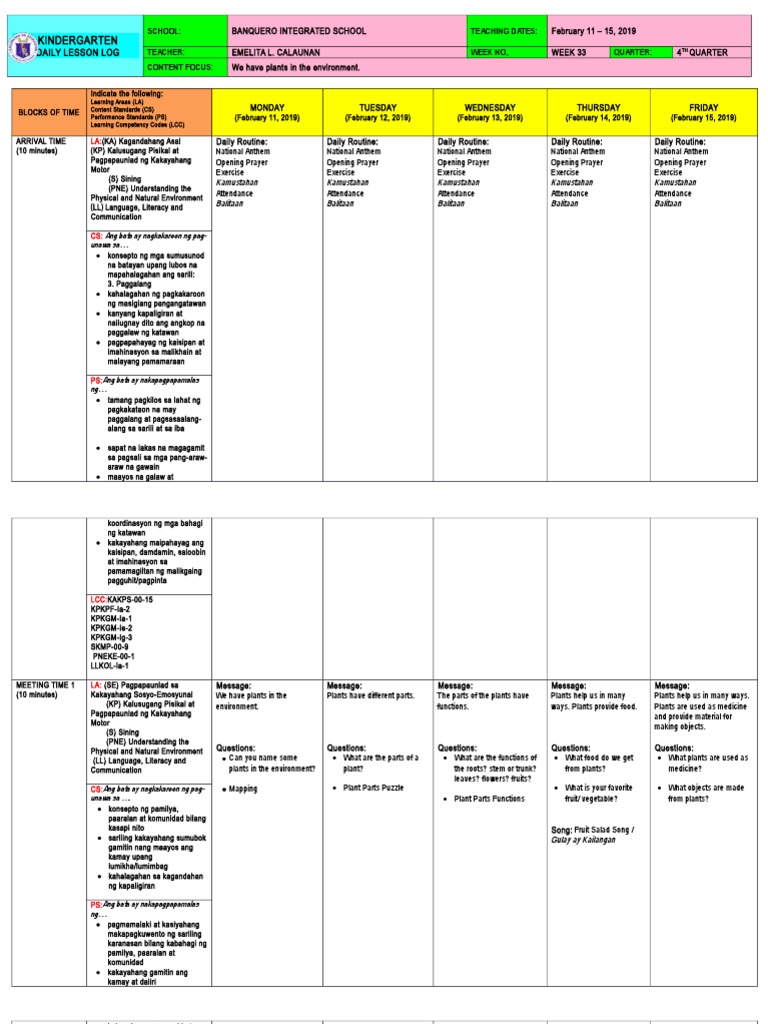 Kindergarten-Dll Week 33 (February 5-9, 2018) Asf | PDF | Teachers | Plants