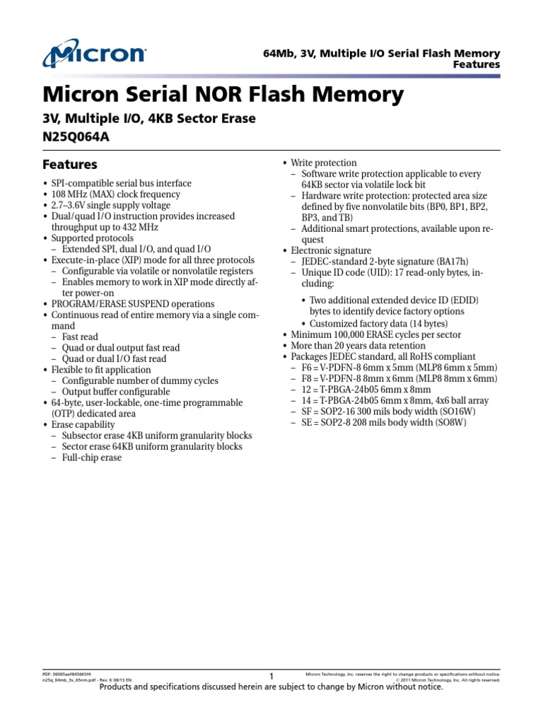 Micron Serial NOR Flash Memory: 3V, Multiple I/O, 4KB Sector Erase ...