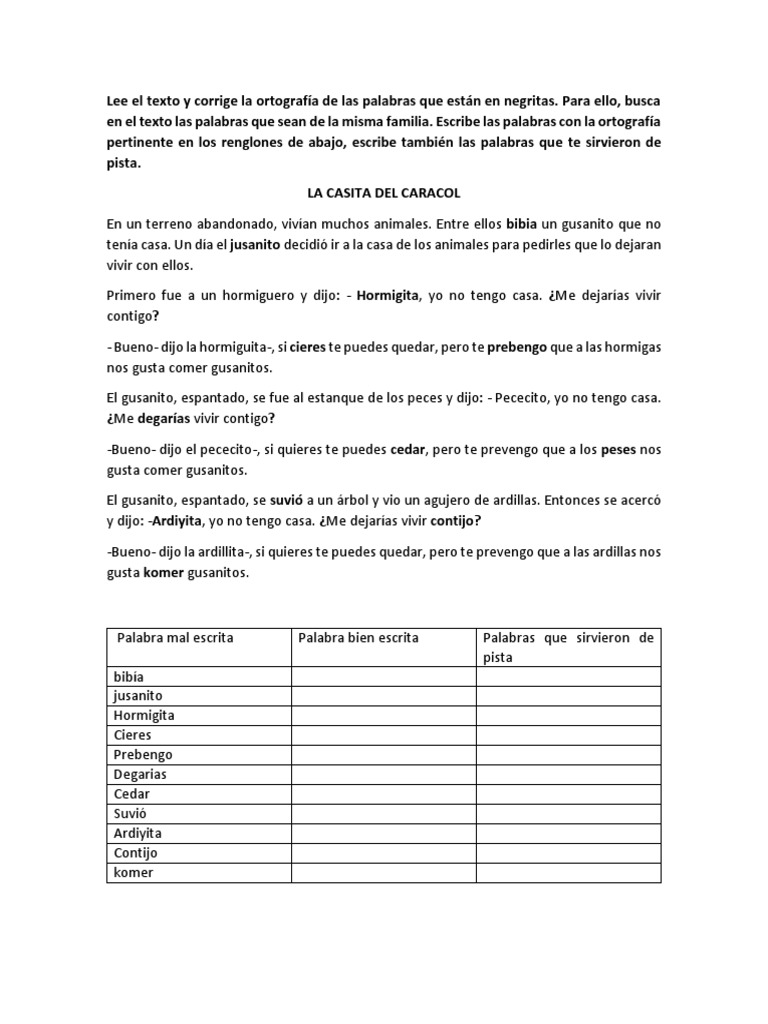 Lee El Texto y Corrige La Ortografía de Las Palabras Que Están en ...