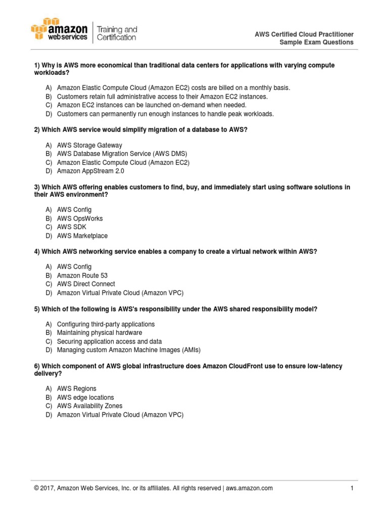 AWS Certified Cloud Practitioner Sample Questions PDF | PDF | Amazon ...