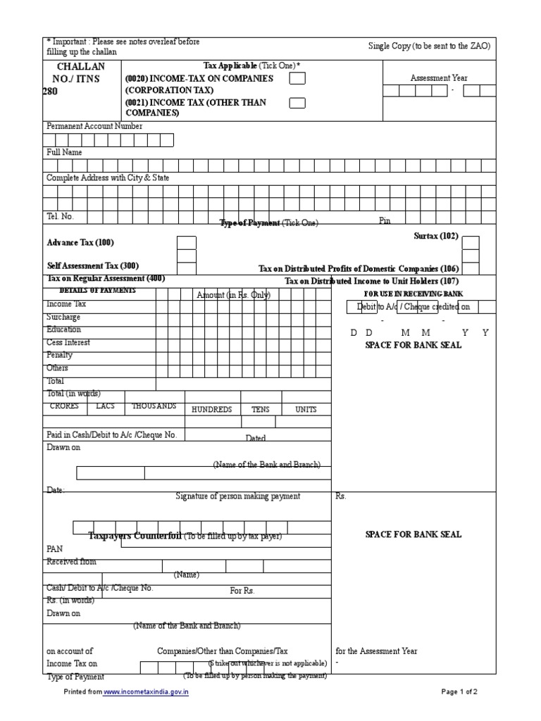 Challan No./ Itns 280: Details of Payments For Use in Receiving Bank ...