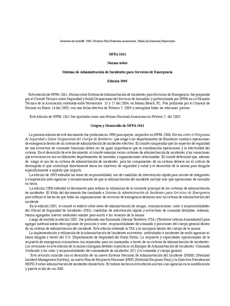 NFPA 1561 Sistema de Administración de Incidentes para Servicios de ...
