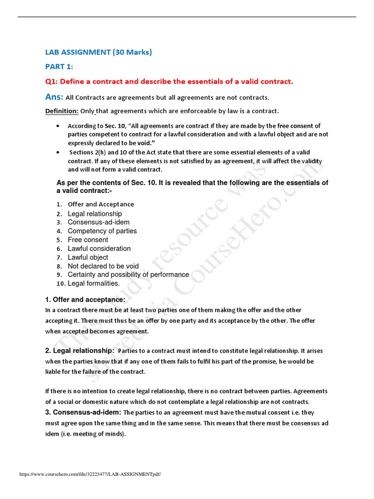 This Study Resource Was: Q1: Define A Contract and Describe The ...