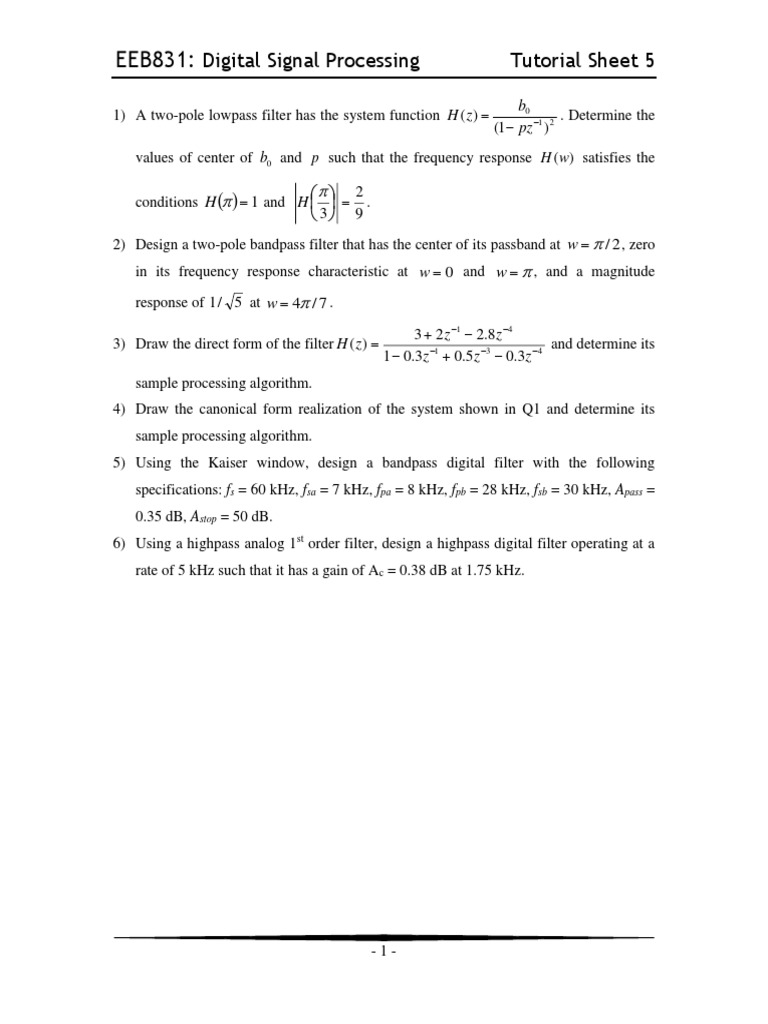 Digital Signal Processing Tutorial Sheet 5: PZ B Z H | PDF