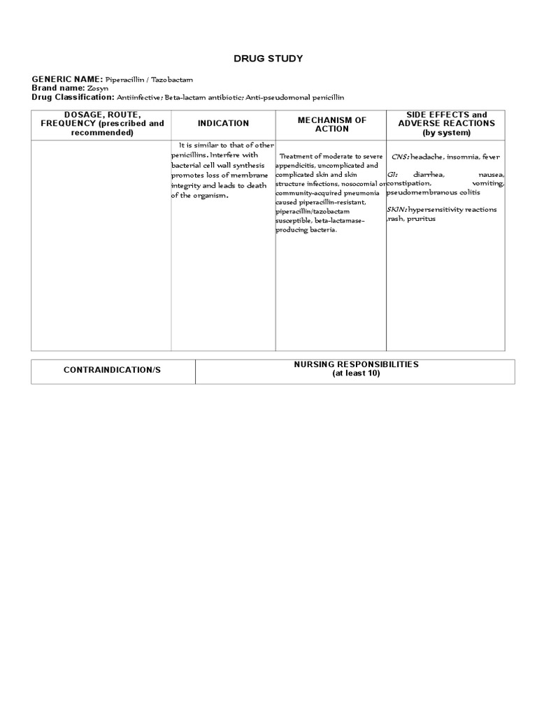 Piperacillin/Tazobactam Drug Study Guide | PDF | Penicillin | Adverse ...