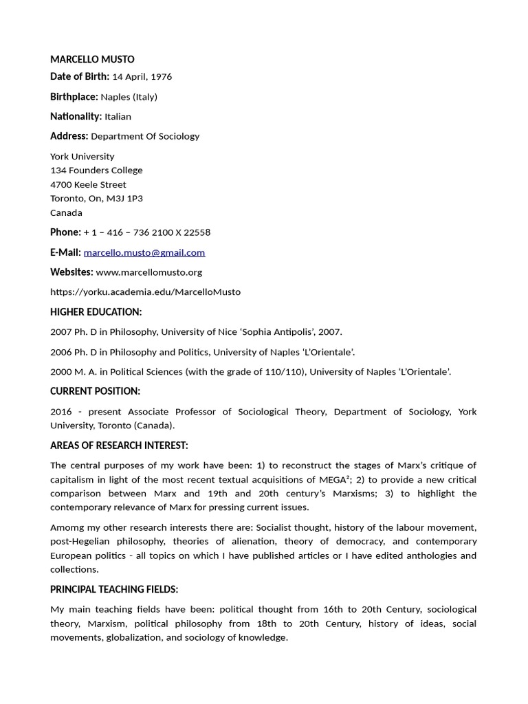 Marcello Musto - CV PDF | PDF | Marxism | Sociology