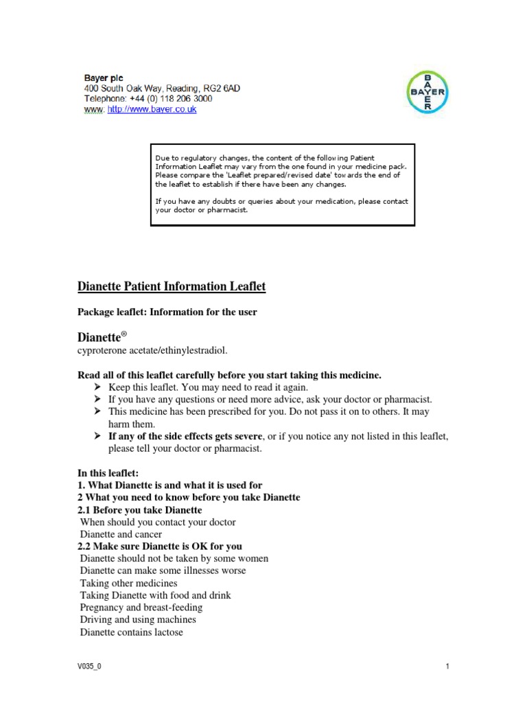 Dianette Patient Information Leaflet | PDF | Thrombosis | Combined Oral ...