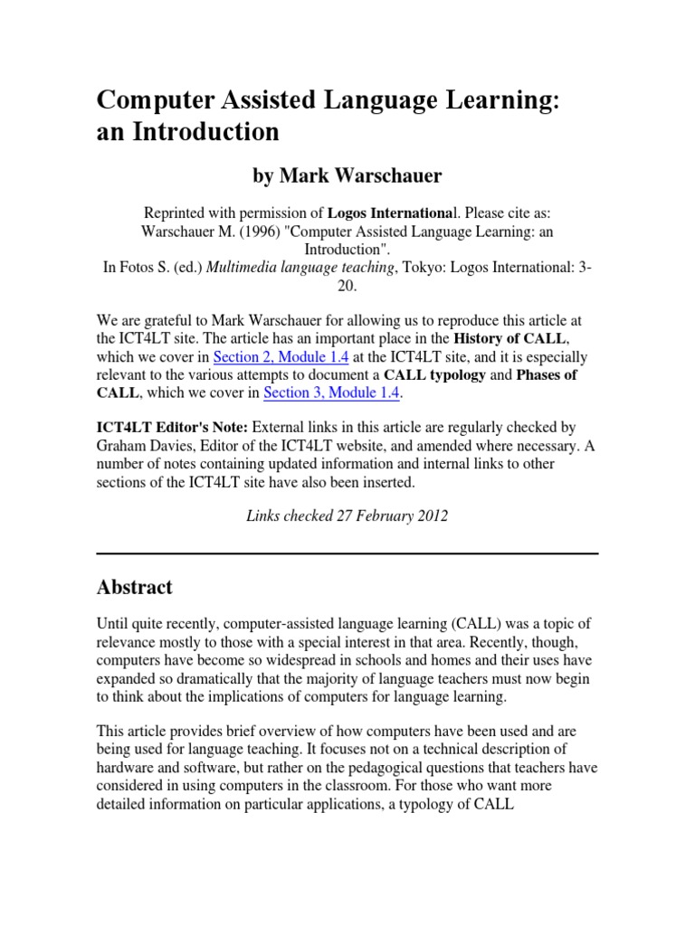 ICT's - CALL by Mark Warschauer | PDF | Multimedia | English As A ...
