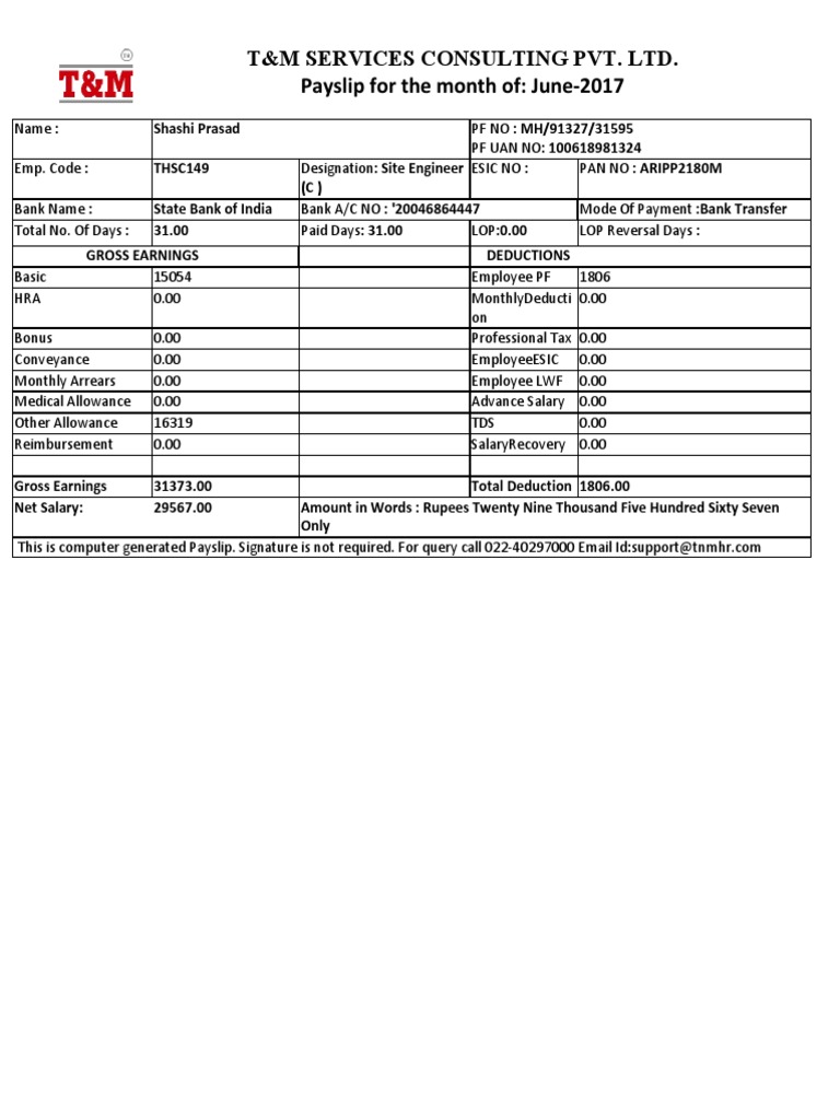 T&M Services Consulting Pvt. Ltd. Payslip For The Month Of: June-2017 | PDF