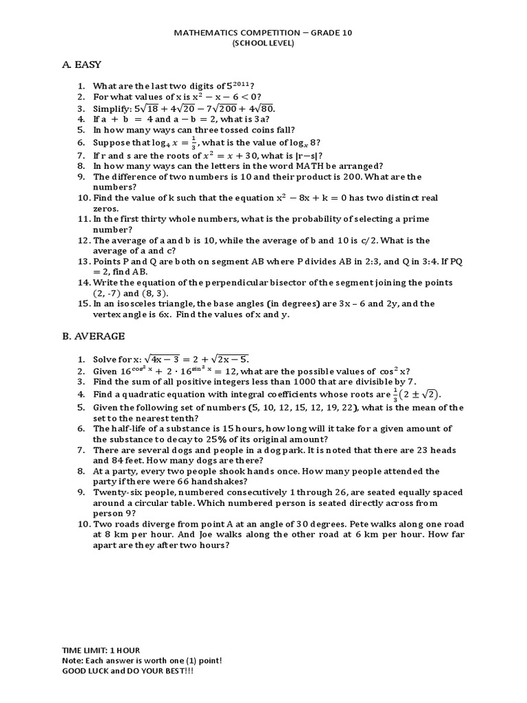 Mathematics Competition Problems: Analyzing a Grade 10 Exam with Easy ...