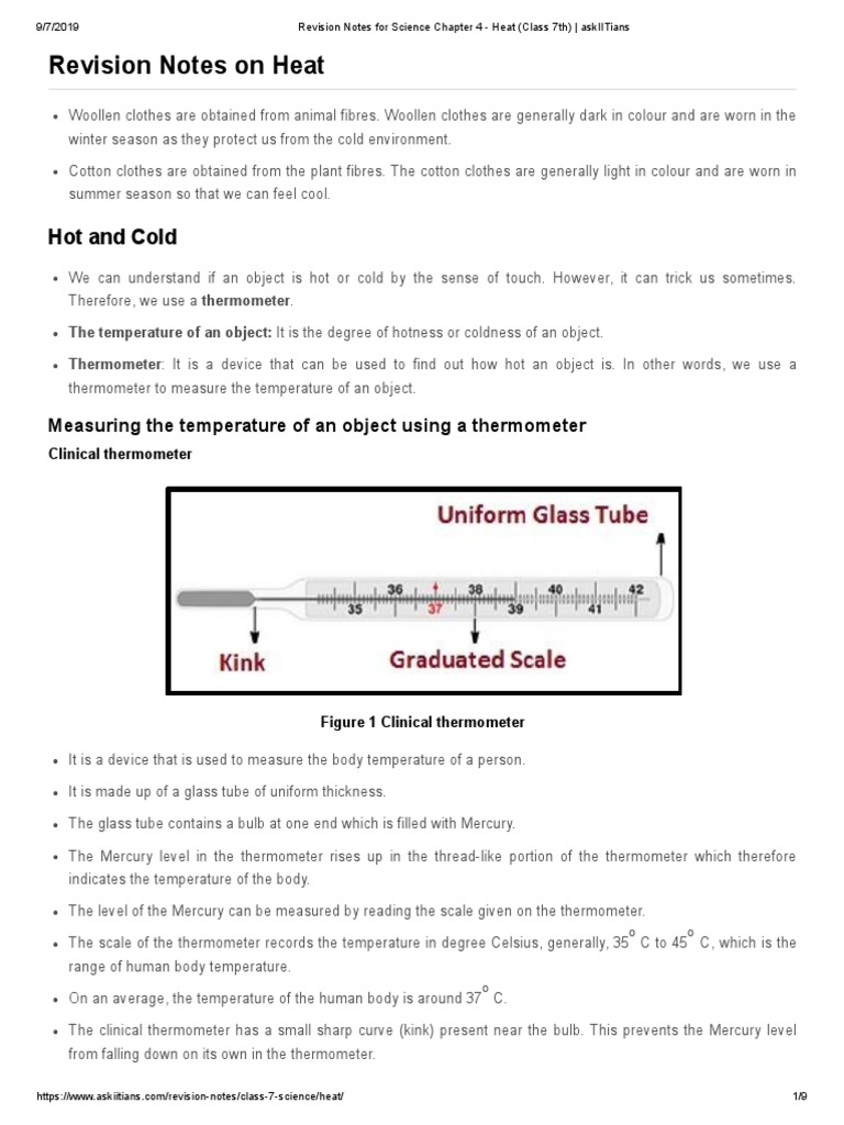 Science Class7 Heat RevisionNotes | PDF | Thermometer | Temperature