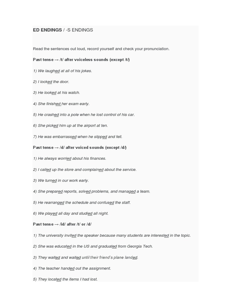 Ed Endings / - S Endings: Read The Sentences Out Loud, Record Yourself ...