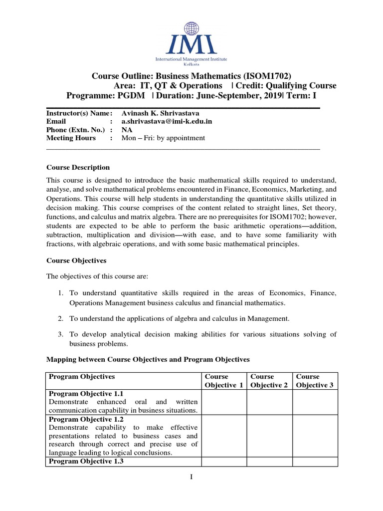 Business Mathematics Course Outline | PDF | Derivative | Function ...