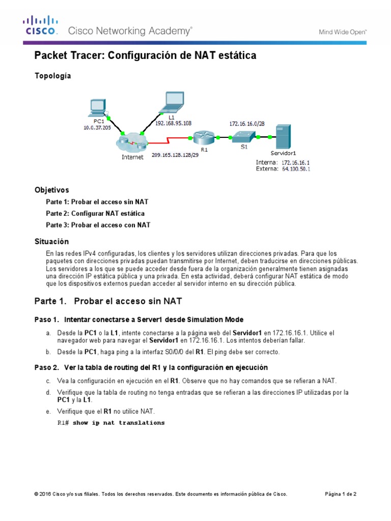 9.2.1.4 Packet Tracer - Configuring Static NAT Instructions PDF | Descargar gratis PDF ...