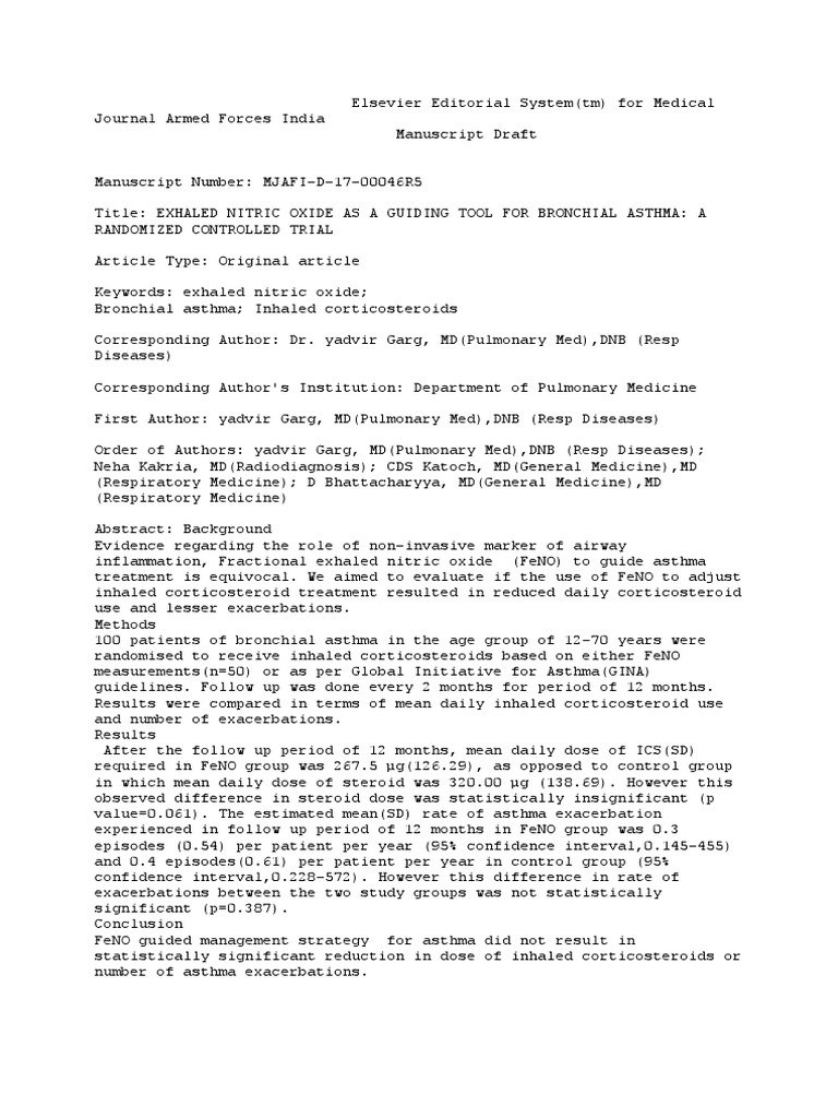FENO As Monitoring Tool in Bronchial Asthma A Randomised Control Trial ...