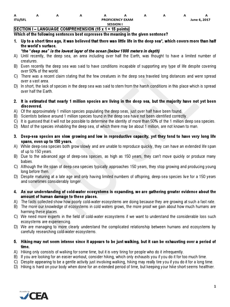 2017 June Proficiency Session 1 A Version | PDF | Deep Sea | Test ...