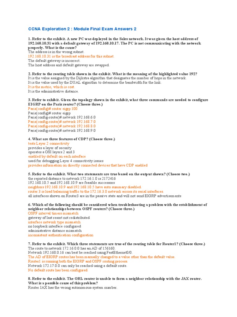 Ccna Exploration 2 Module Final Exam Answers 2 Pdf Routing Router Computing 