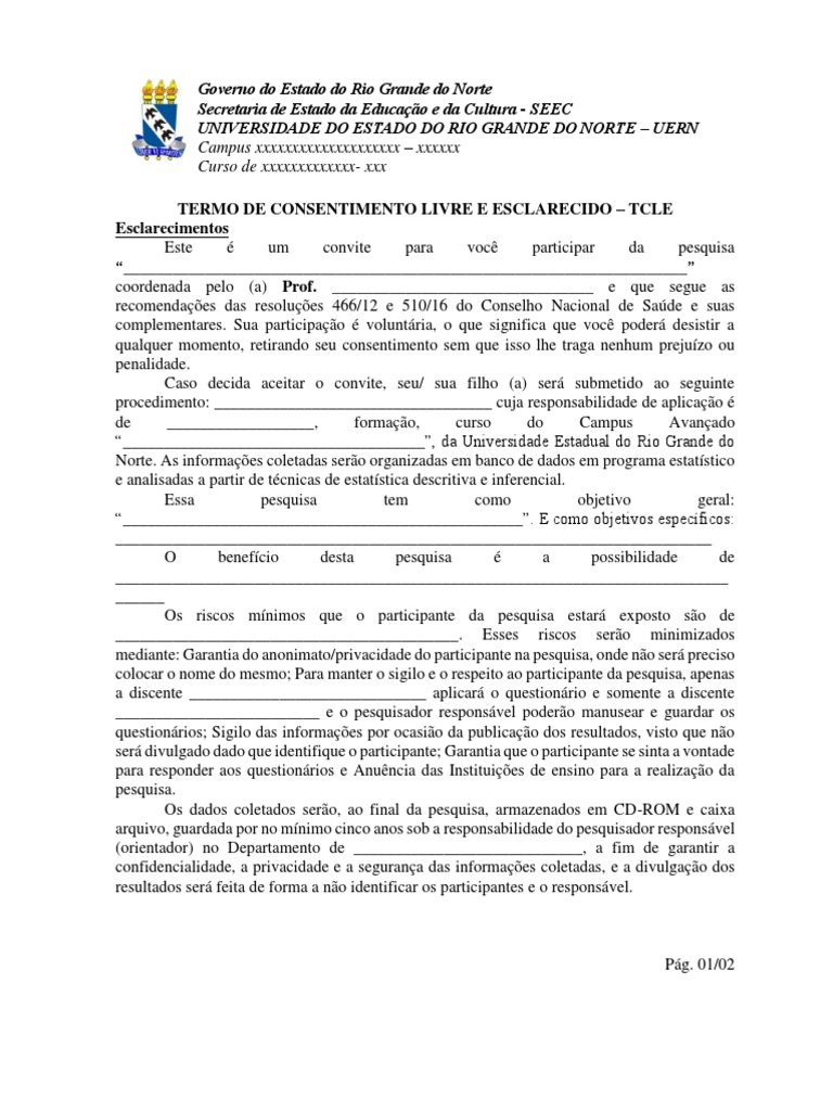 Termo de Consentimento Livre e Esclarecido TCLE | Estado | Science