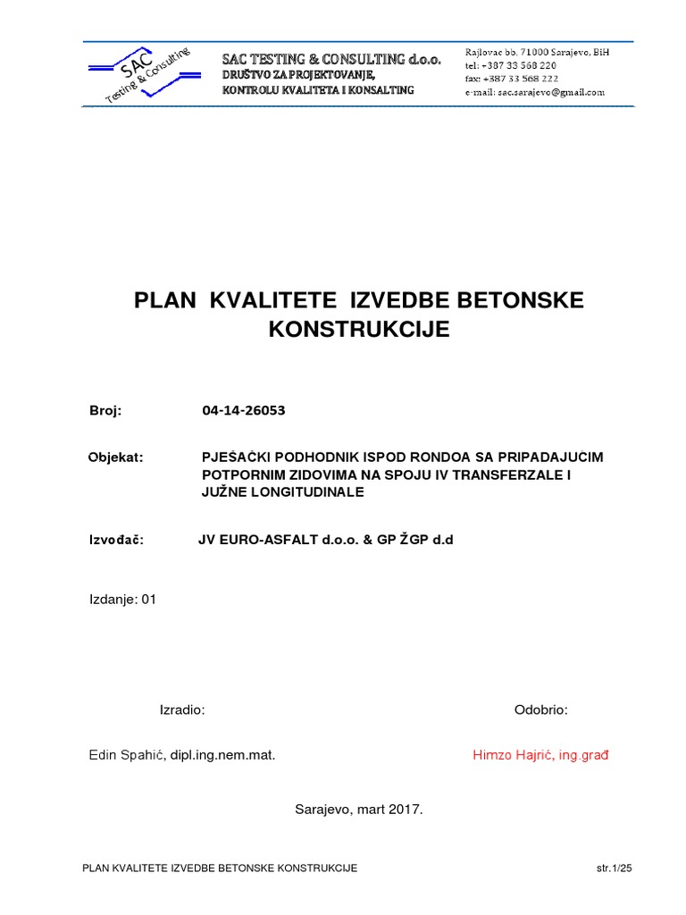 Plan Kvalitete Izvedbe Bet - Konst | PDF
