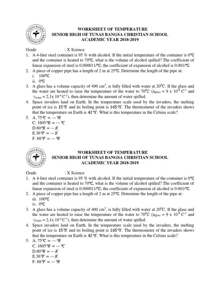 Worksheet of Temperature | PDF | Celsius | Thermal Expansion