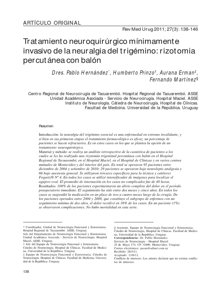 Tratamiento Neuroquirúrgico Mínimamente Invasivo de La Neuralgia Del ...