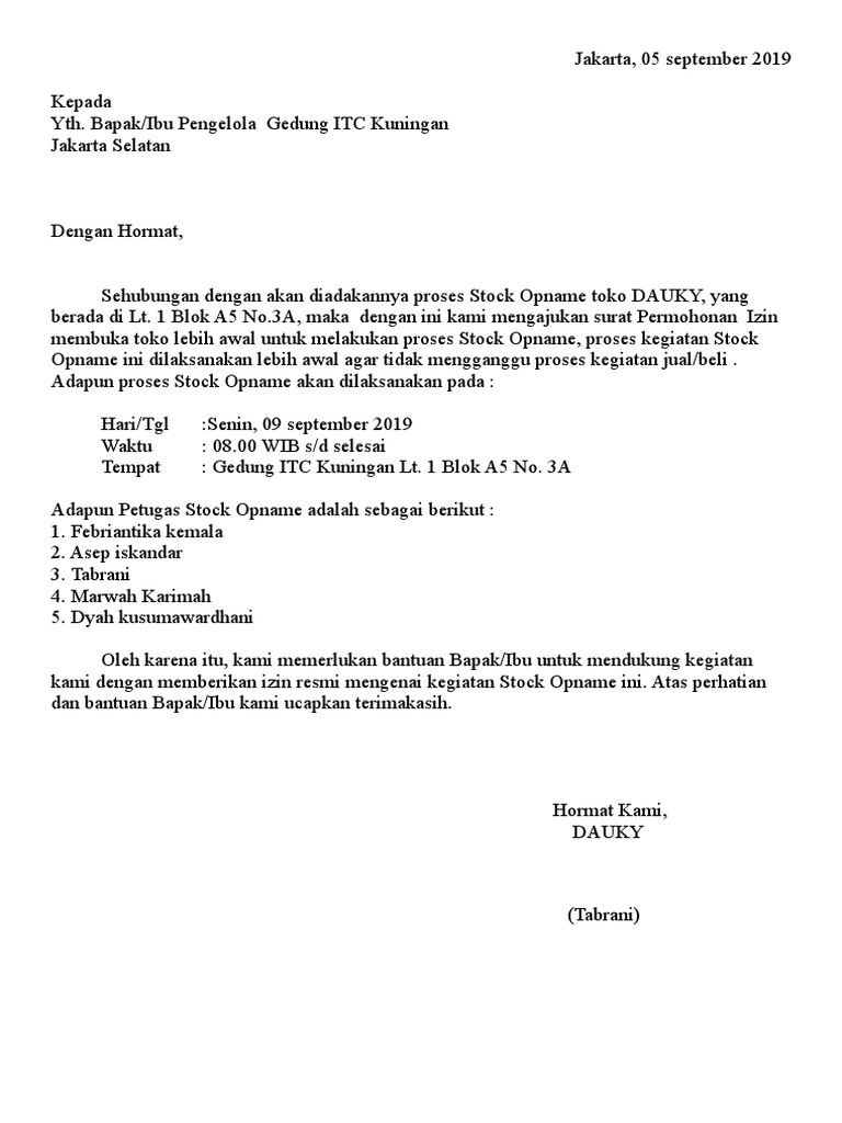Surat Permohonan Izin Stock Opname | PDF