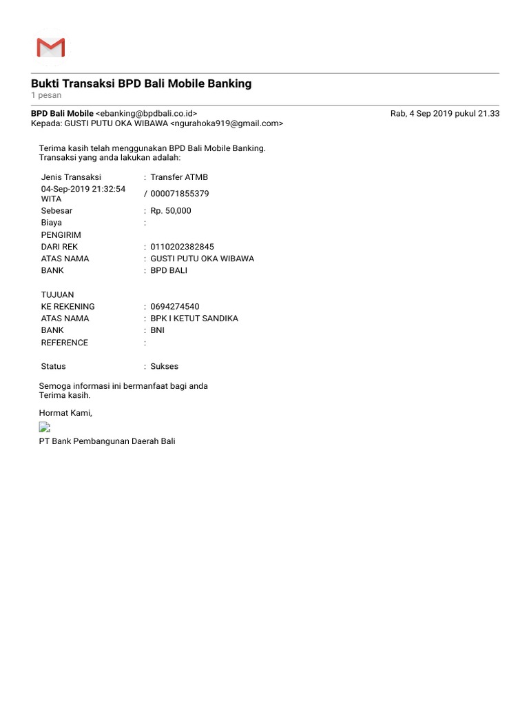 Gmail - Bukti Transaksi BPD Bali Mobile Banking | PDF