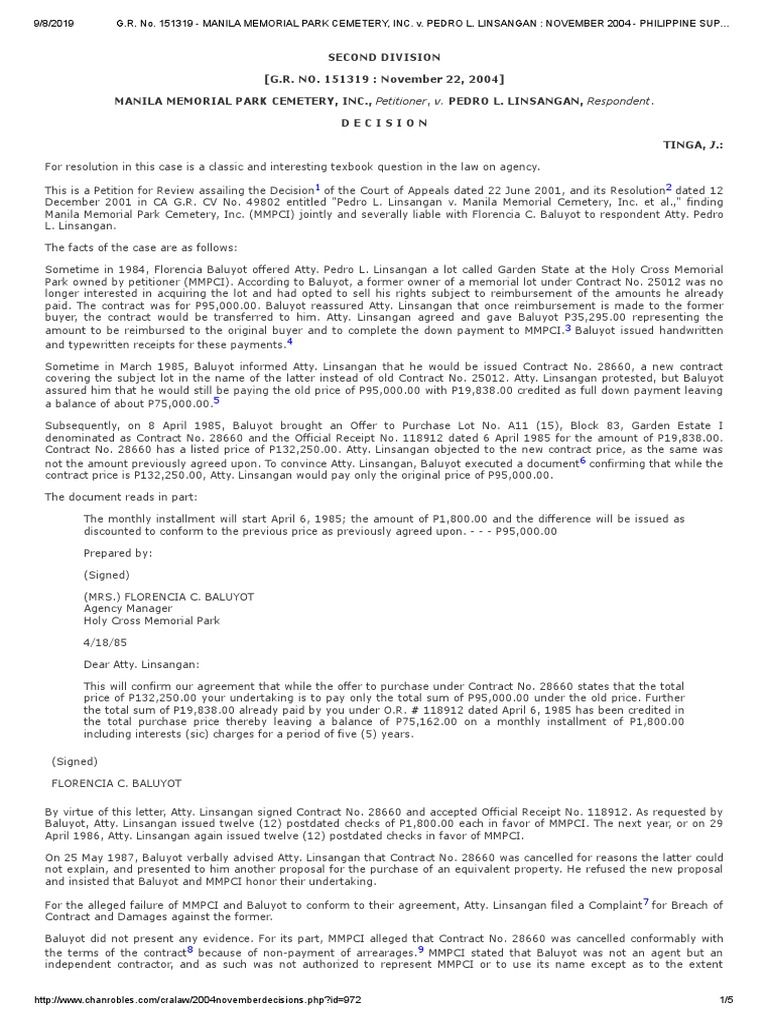 Manila Memorial Park Cemetery, Inc. v. Linsangan | PDF | Law Of Agency ...