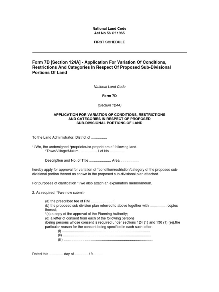 Form 7D (Section 124A) - Application For Variation of Conditions ...