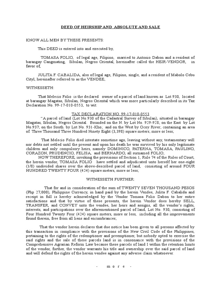Deed of Heirship and Absolute and Sale | PDF | Natural Resources Law ...